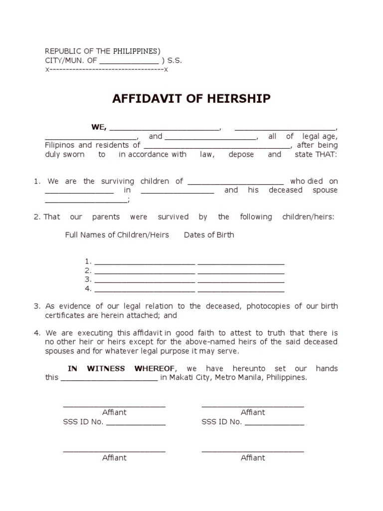 Affidavit of Heirship | PDF | Affidavit | Intestacy