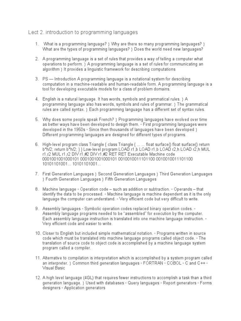 Lect 2. Introduction To Programming Languages | PDF | Computer Program | Programming
