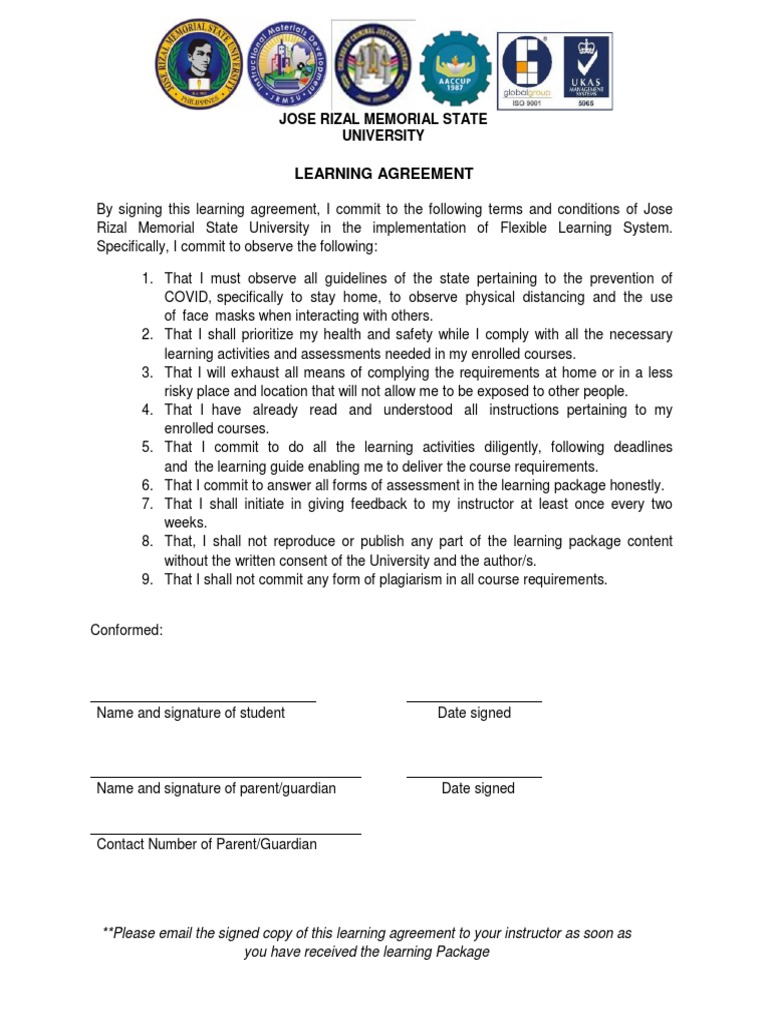 Learning Agreement: Jose Rizal Memorial State University | PDF