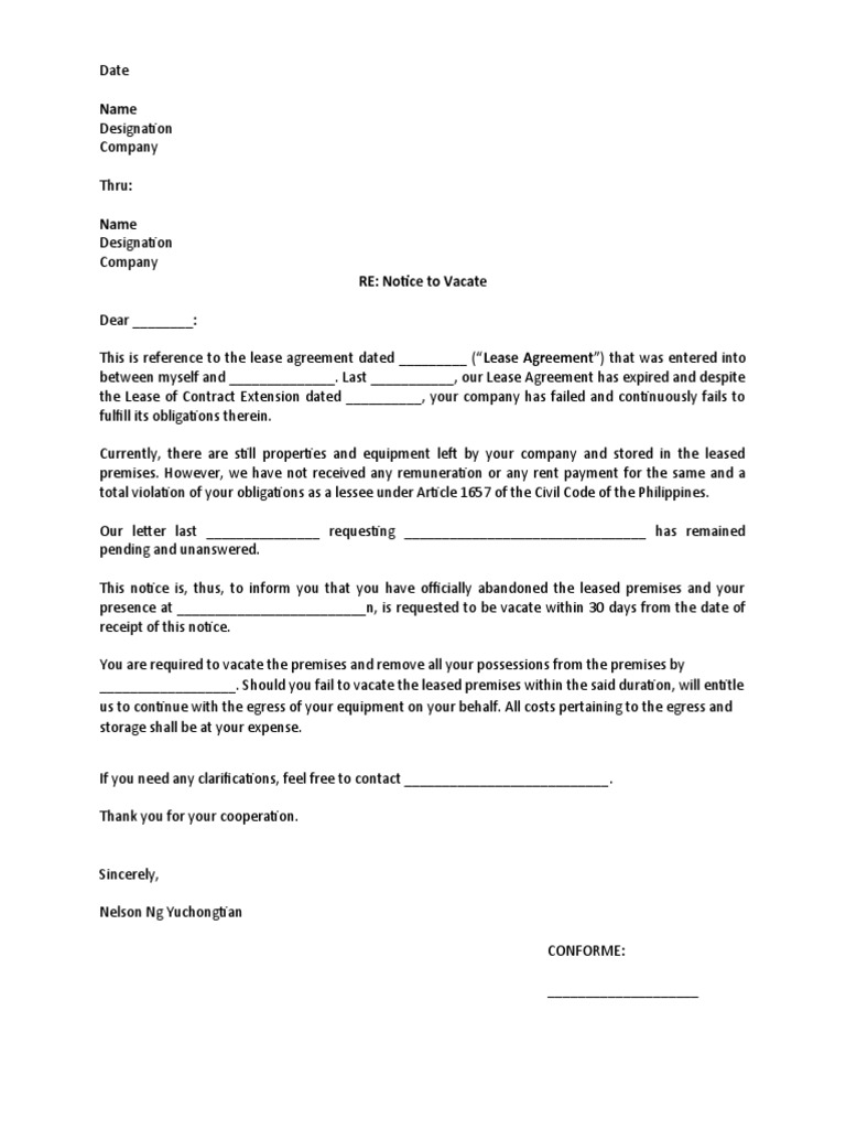 Notice to Vacate Property Letter | PDF | Law