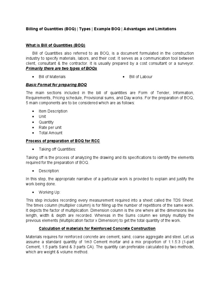 Billing of Quantities (BOQ) - Types - Example BOQ - Advantages and Limitations | PDF | Concrete ...
