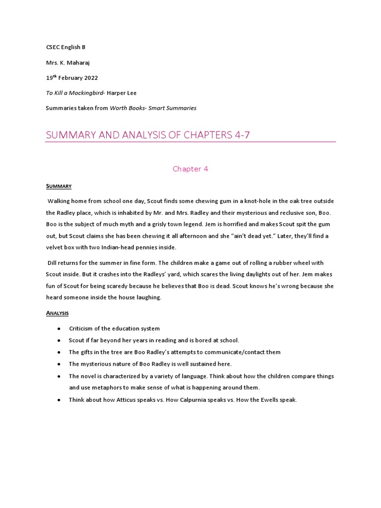 Summary and Analysis of Chapters 4-7: To Kill A Mockingbird-Harper Lee ...