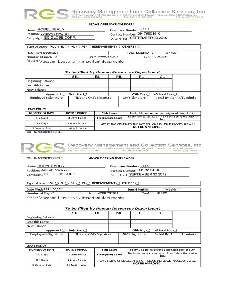 RGS Leave Application Form - Rodel Derla | PDF | Labor | Business