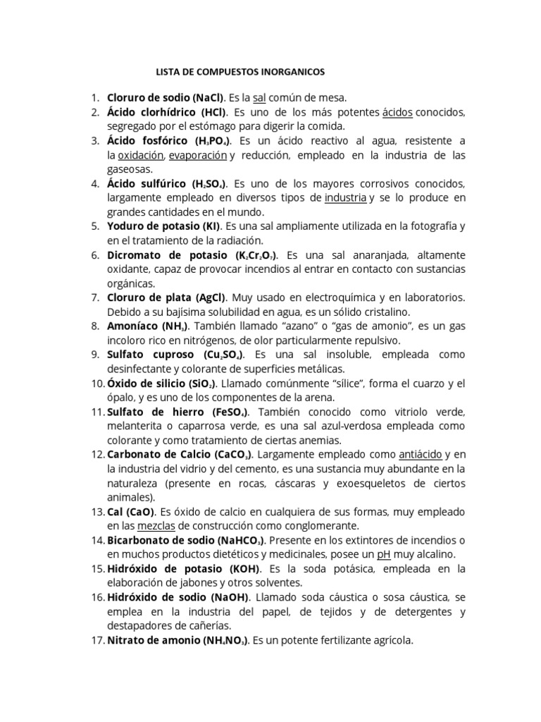 Lista de Compuestos Inorganicos | PDF | Sal (química) | Hidróxido de sodio