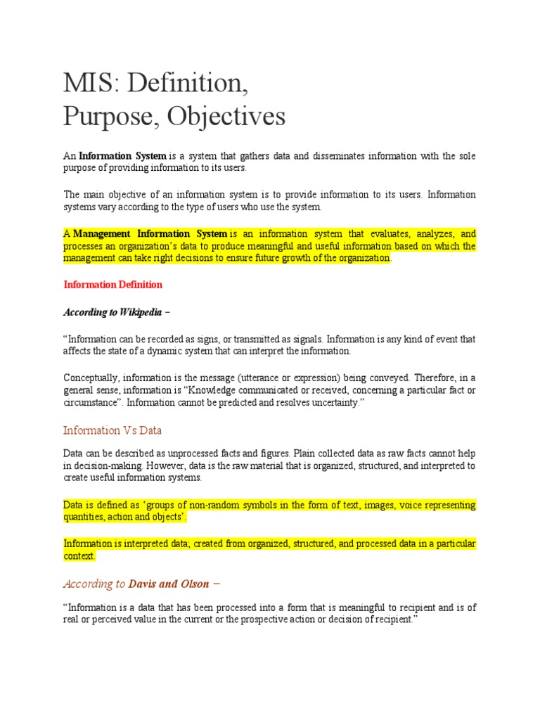 Understand MIS Definition, Purpose and Objectives | PDF | Information ...