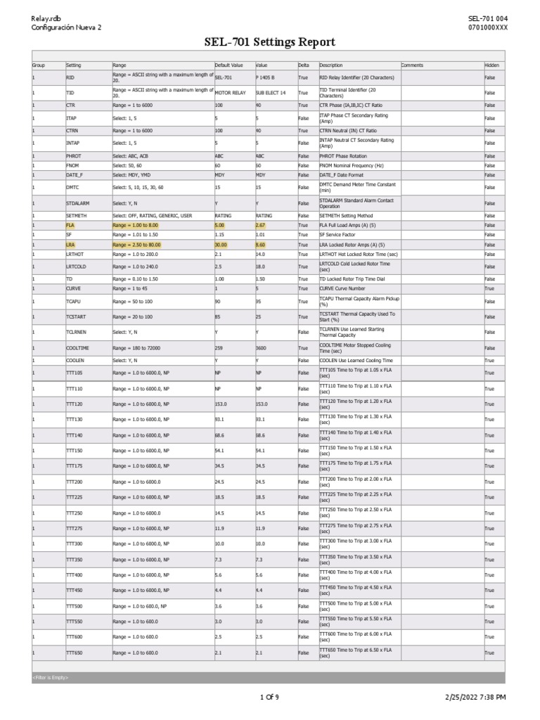 SEL-701 Settings Report | PDF | Physical Quantities | Electromagnetism