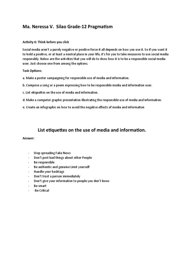 Ma. Neressa V Silao. Grade 12 Pragmatism Activity 6. Think Before You ...