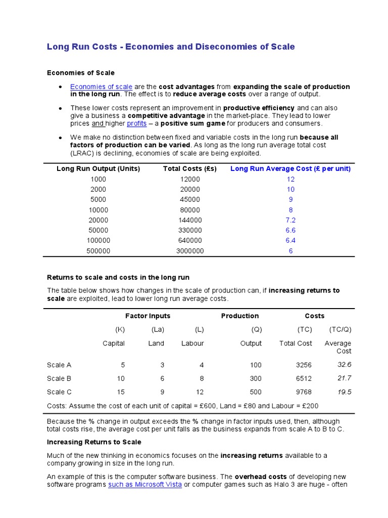 Long Run Costs: Economies of Scale Explained | PDF | Economies Of Scale ...