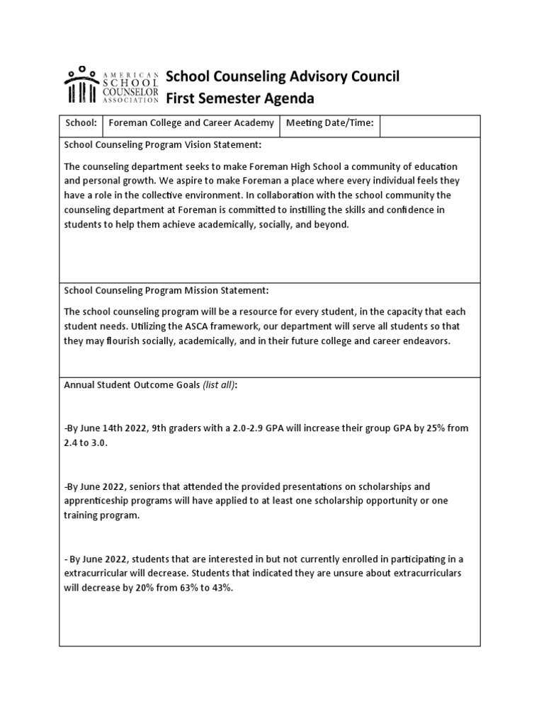 Foreman Counseling Advisory Council Agenda | PDF | School Counselor ...