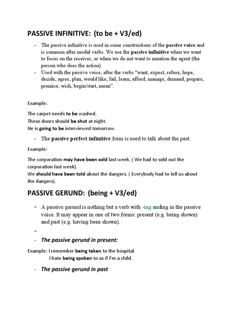 Passive Infinitive: (To Be + V3/ed) : The Passive Perfect Infinitive ...