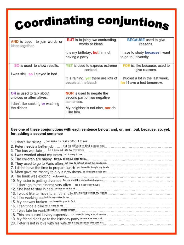 Printable Conjunction Usage Guide | PDF | Language Arts & Discipline