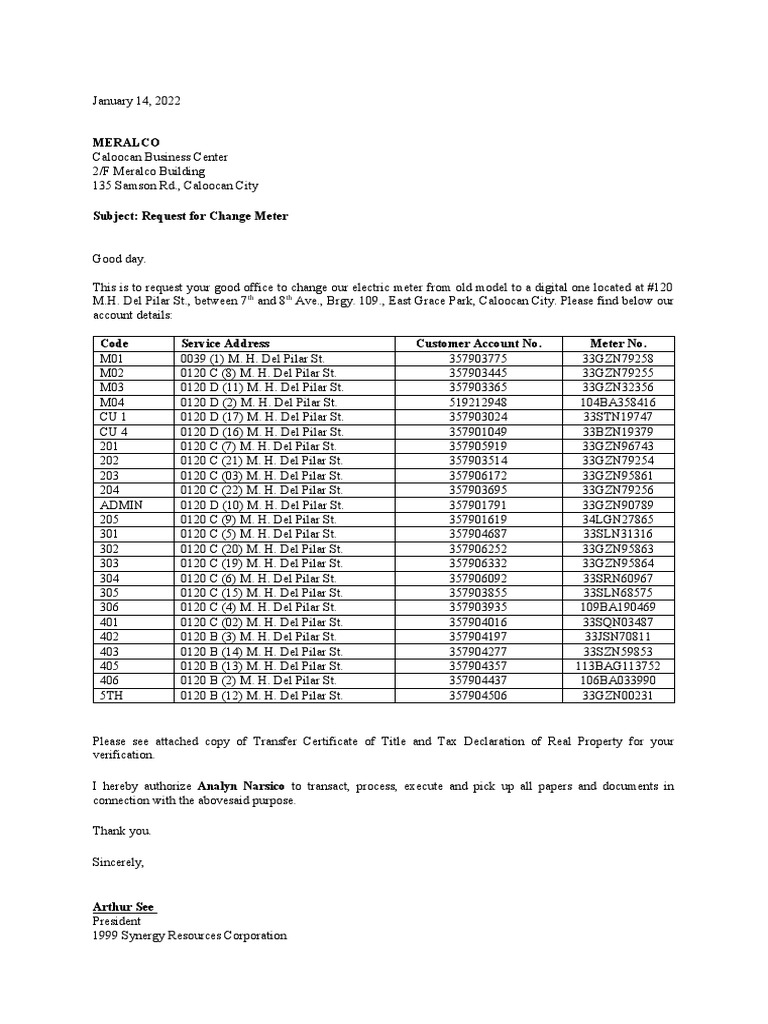 MERALCO Meter Change Request Letter | PDF | Economies | Business
