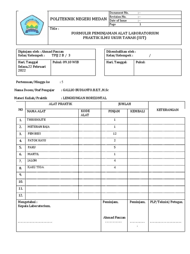 Form Peminjaman Alat Lab. IUT MINGGU 5 | PDF