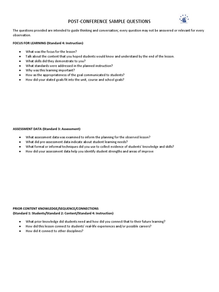 Post-Conference Observation Questions | PDF | Educational Assessment ...