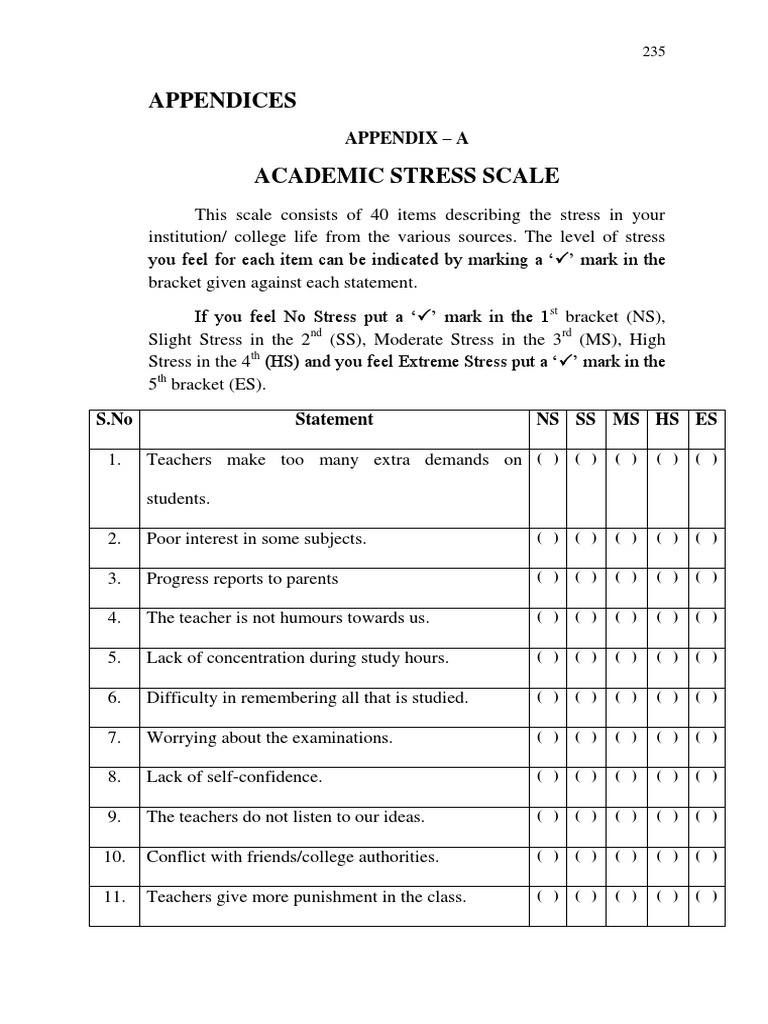 APPENDICES APPENDIX A ACADEMIC STRESS SC-part-1 | PDF | Teachers ...