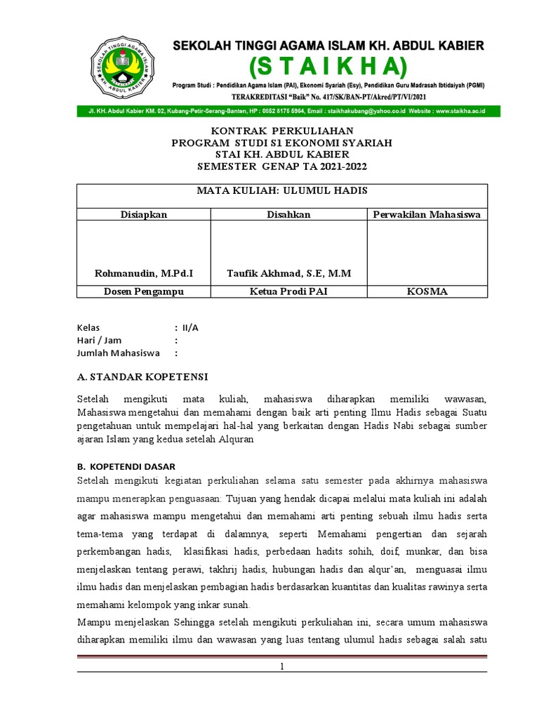 Kontrak Perkuliahan Ulum Hadis - Esy | PDF | Agama & Spiritualitas