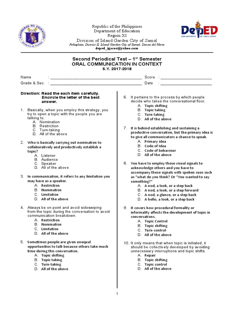 Oral Communication Test Guide | PDF | Psychology | Cognitive Science