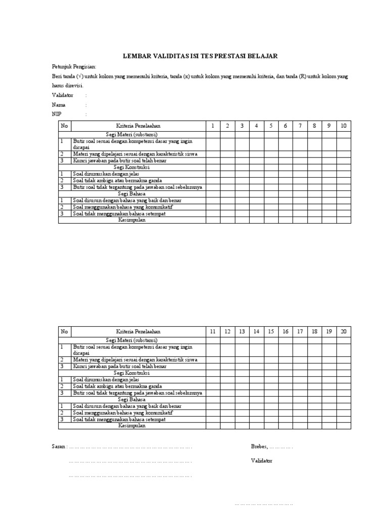 Lembar Validitas Isi Tes Prestasi Belajar | PDF