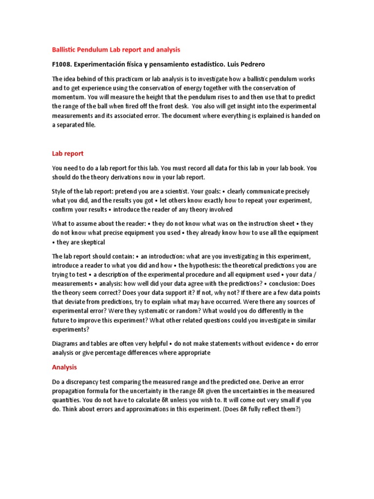 Ballistic Pendulum Lab Report and Analysis | PDF | Experiment | Uncertainty