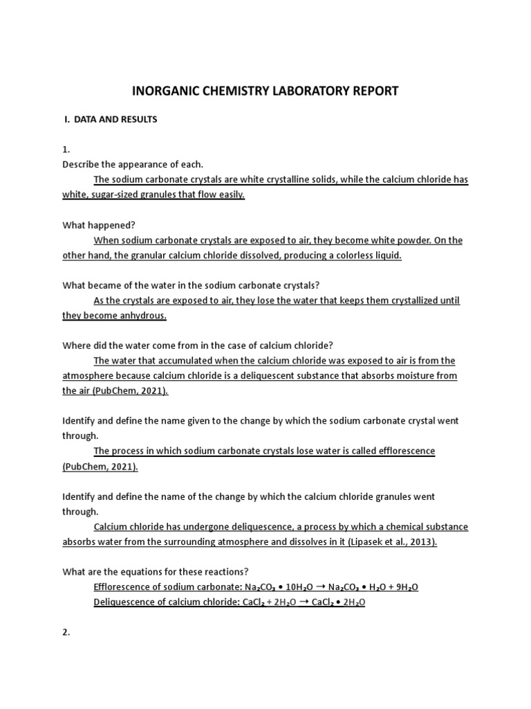 Inorganic Chemistry Laboratory Report: I. Data and Results | PDF ...