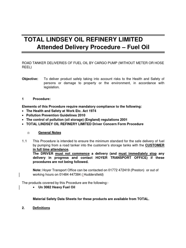 Attended Delivery Procedure For Total LOR Fuel Oil | PDF | Oil Tanker