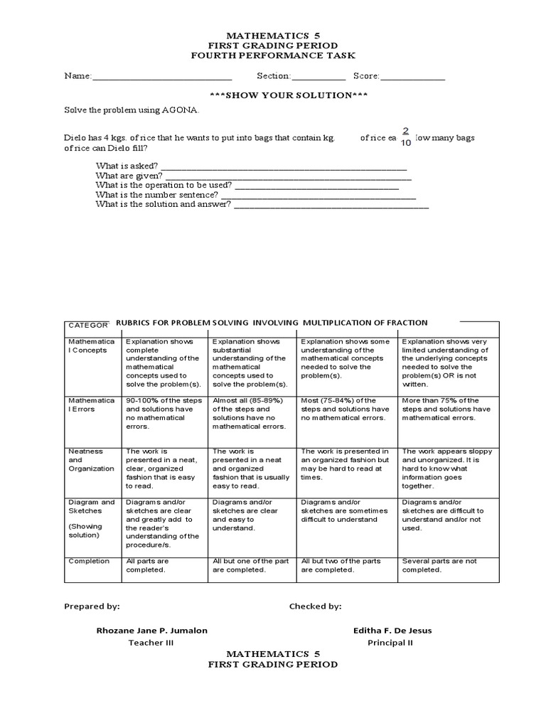5th Grade Math Performance Tasks Rubric | PDF | Rubric (Academic ...