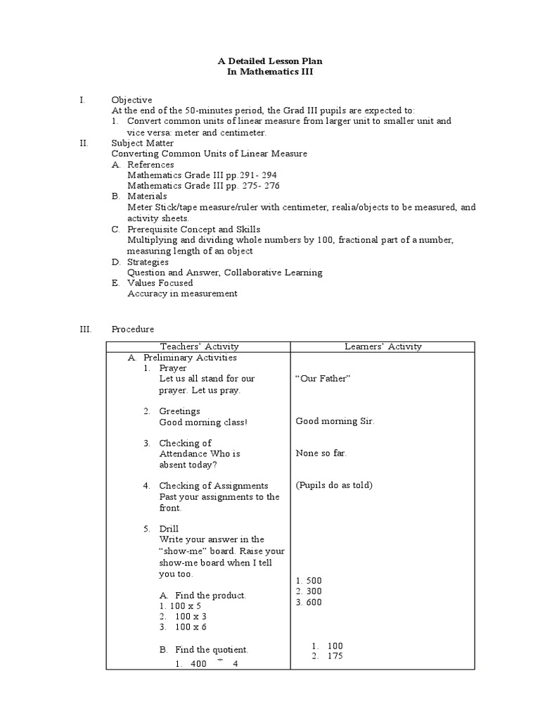 Grade 3 Detailed Lesson Plan Mathematics | PDF | Lesson Plan | Yarn
