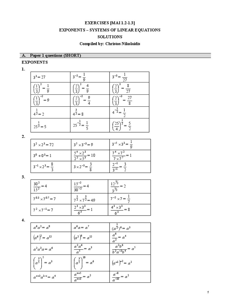 (Mai 1.2-1.3) Exponents - Systems of Linear Equations - Solutions | PDF