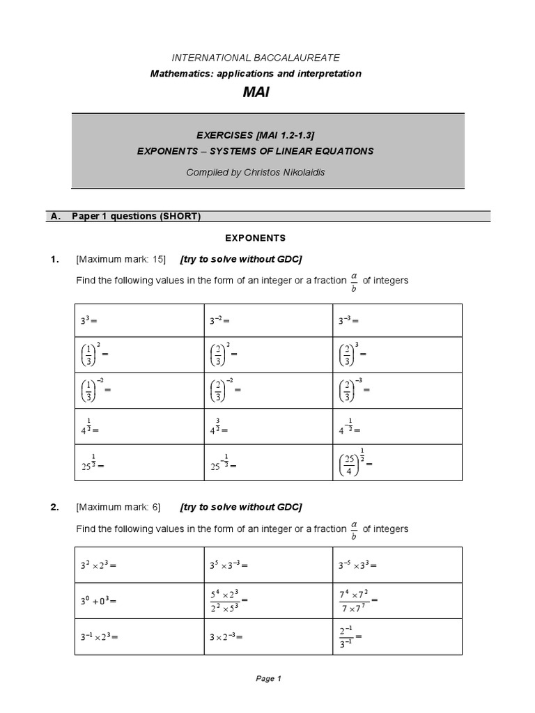 (Mai 1.2-1.3) Exponents - Systems of Linear Equations | PDF | Equations ...