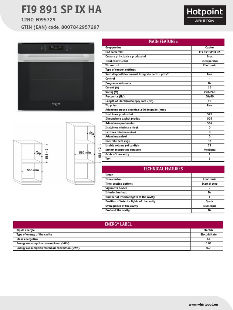 12NC F095729 GTIN (EAN) Code 8007842957297: Main Fea Main Features ...