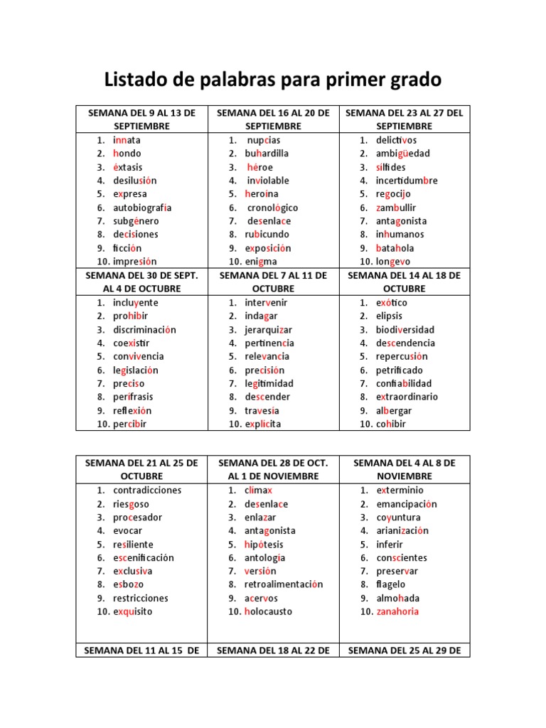 Palabras De Ortografía De Primer Grado Para Imprimir