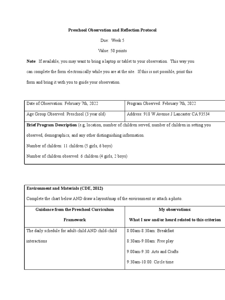 Eced 303 Observation and Reflection | PDF | Teachers | Classroom