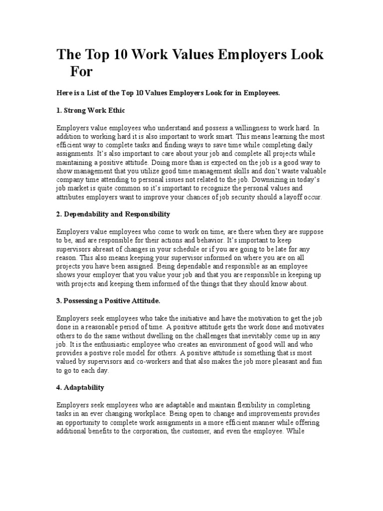 The Top 10 Work Values Employers Look For | PDF | Value (Ethics ...