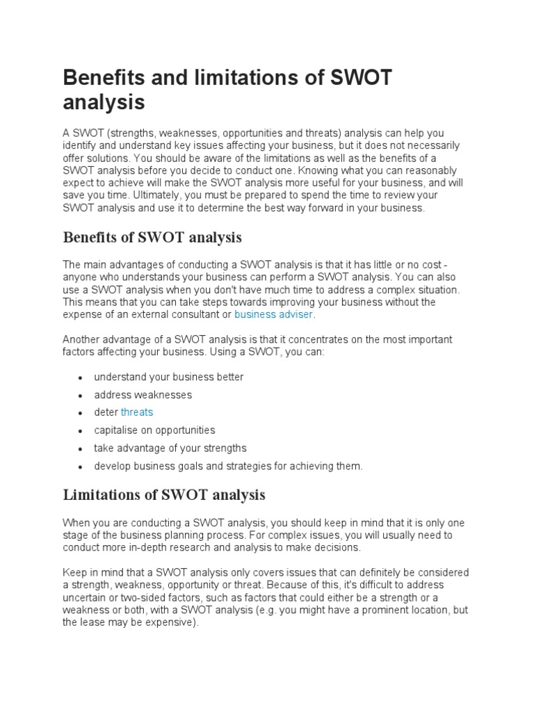 Benefits and Limitations of SWOT Analysis | PDF | Swot Analysis ...