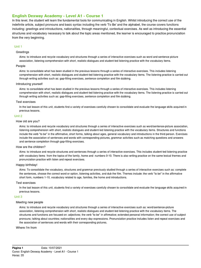 English Dexway Academy - Level A1 - Course 1: Unit 1 | PDF | Vocabulary | Verb