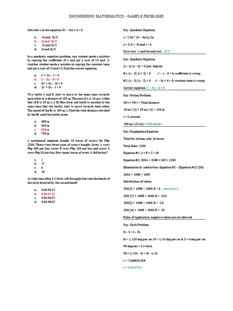 Engineering Mathematics - Sample Problems: B. 2i and - 2i/3 | PDF ...