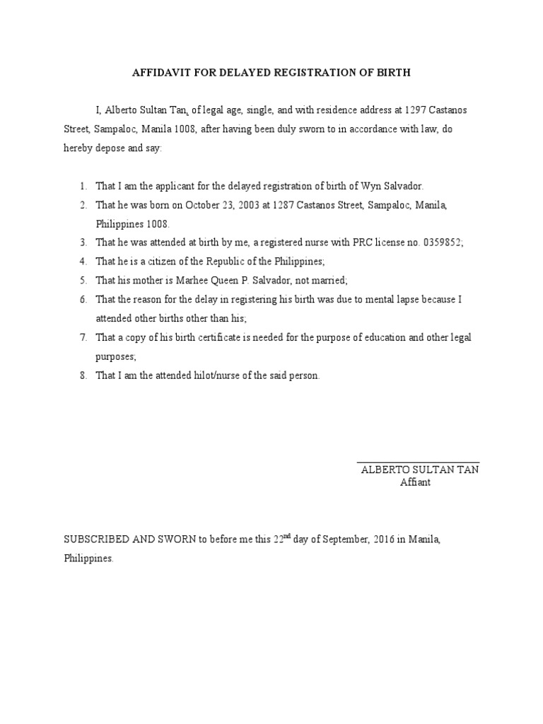 Affidavit For Delayed Registration of Birth - Abet | PDF