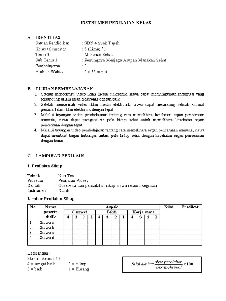 06 Instrumen Penilaian Kelas | PDF