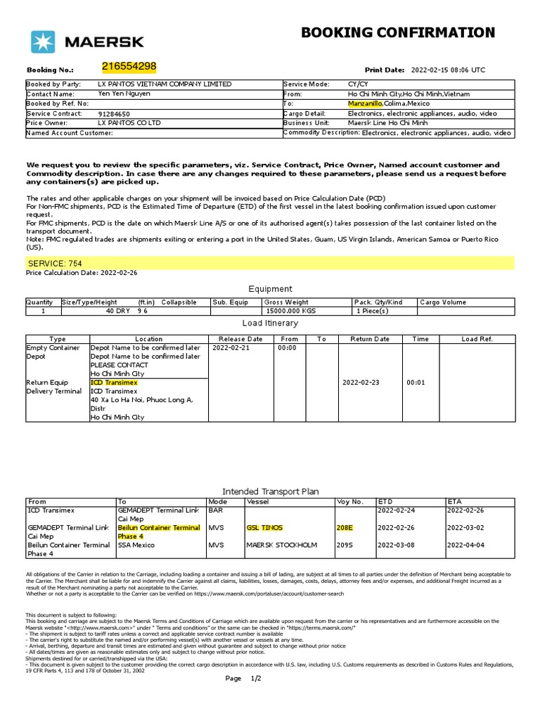 Booking Confirmation: Equipment | PDF | Cargo | Supply Chain Management