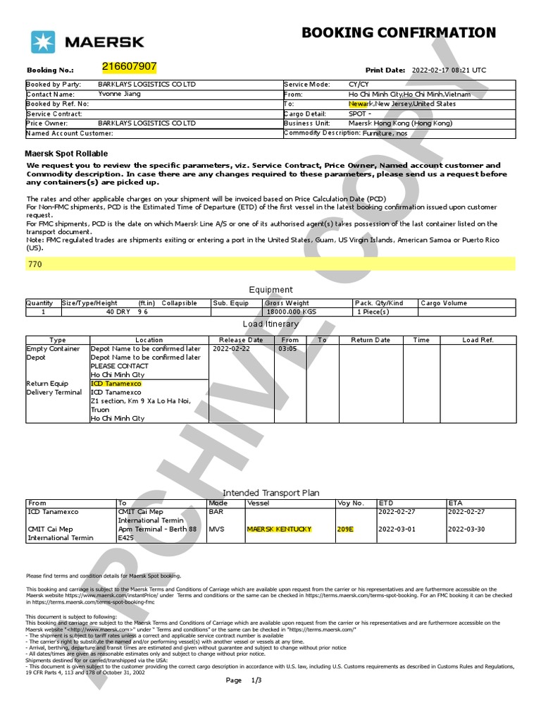 Archive Copy: Booking Confirmation | PDF | Cargo | Common Carrier