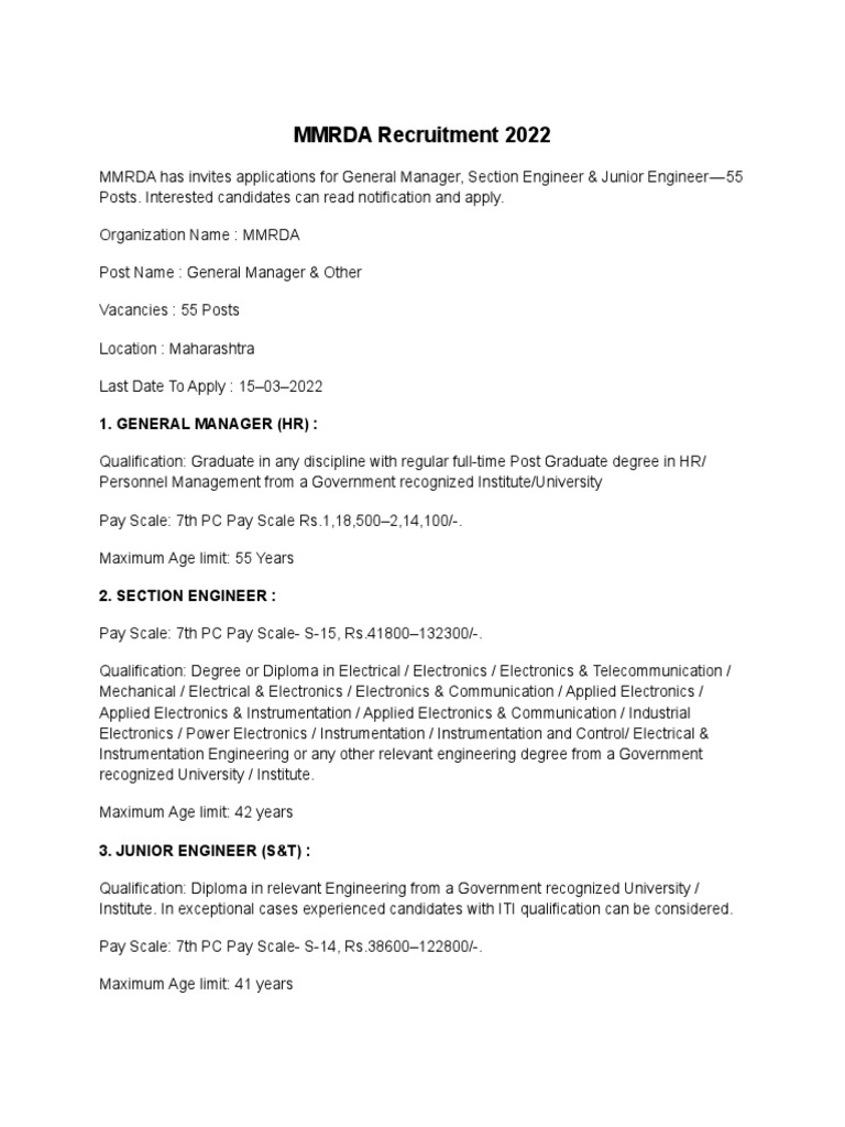MMRDA Recruitment 2022 | PDF