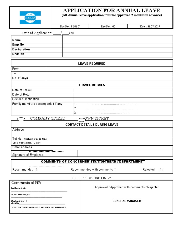 Annual Leave Application Form Template | PDF