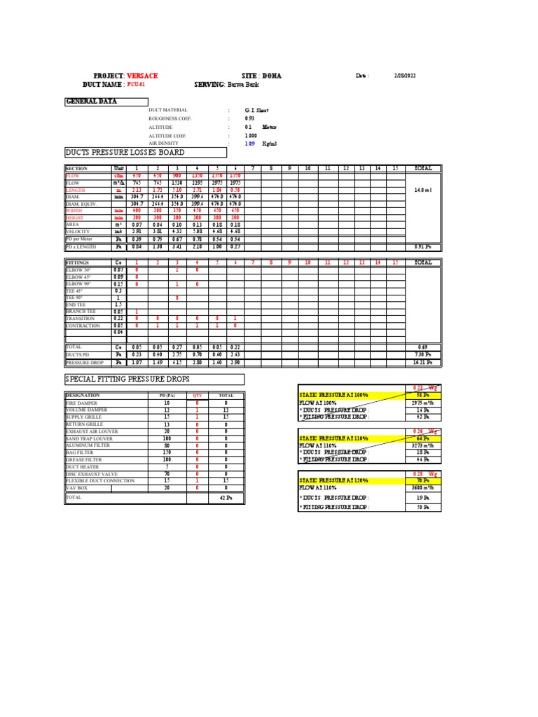 01-Duct Pressure Drop Calculator FCU-01 | PDF | Duct (Flow) | Sheet Metal
