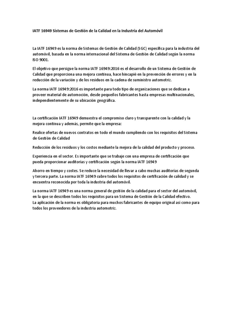 IATF 16949 Sistemas de GestiÃ N de La Calidad en La Industria Del ...