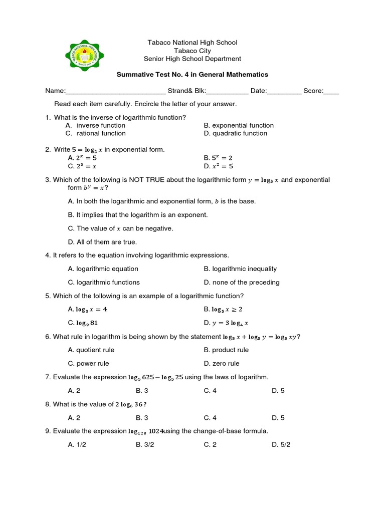 Summative Test No.4 in General Math | PDF | Logarithm | Function ...