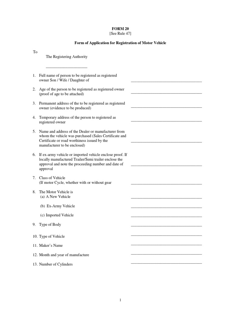 Form 20 Form of Application For Registration of Motor Vehicle ...
