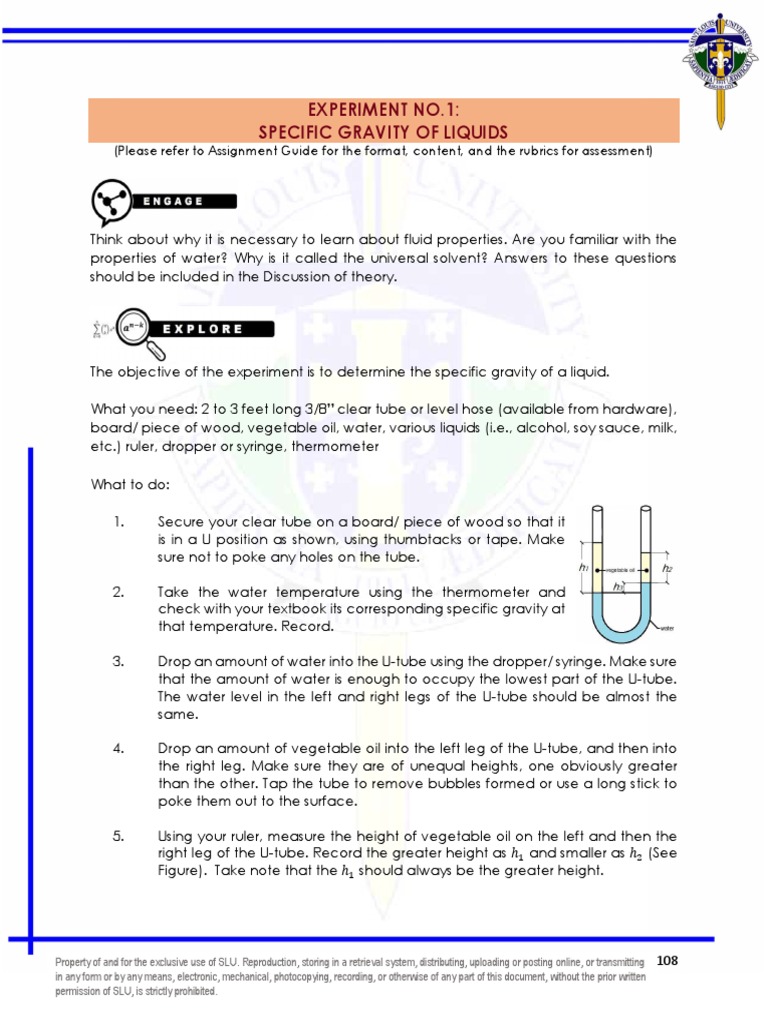 Hydraulics Experiment No 1 Specific Gravity of Liquids | PDF | Pressure ...