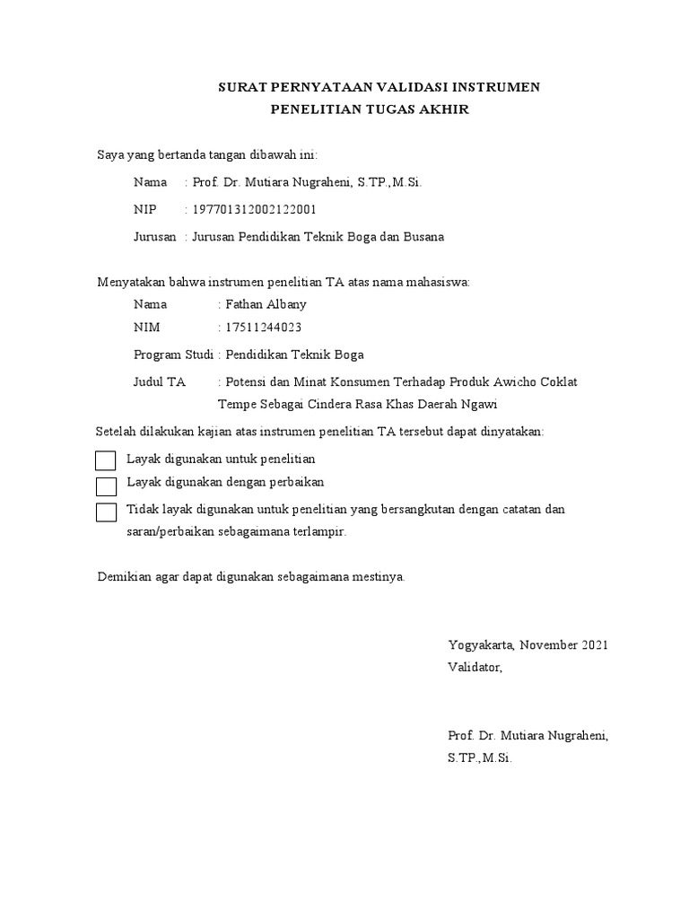 Contoh Surat Pernyataan Validasi Instrumen Penelitian Tugas Akhir | PDF