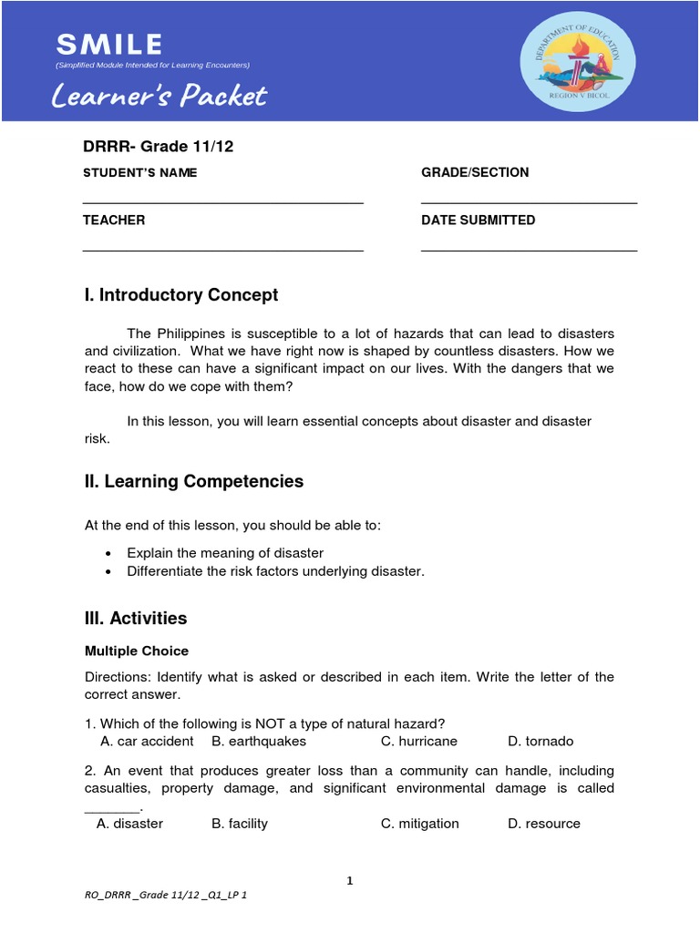 DRRR-Grade 11/12: I. Introductory Concept | PDF | Hazards | Risk