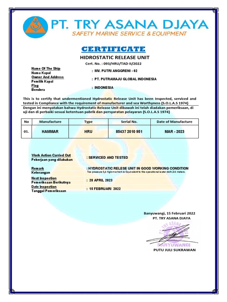 Hydrostatic Release Unit Certificates | PDF | Quality | Fluid Mechanics